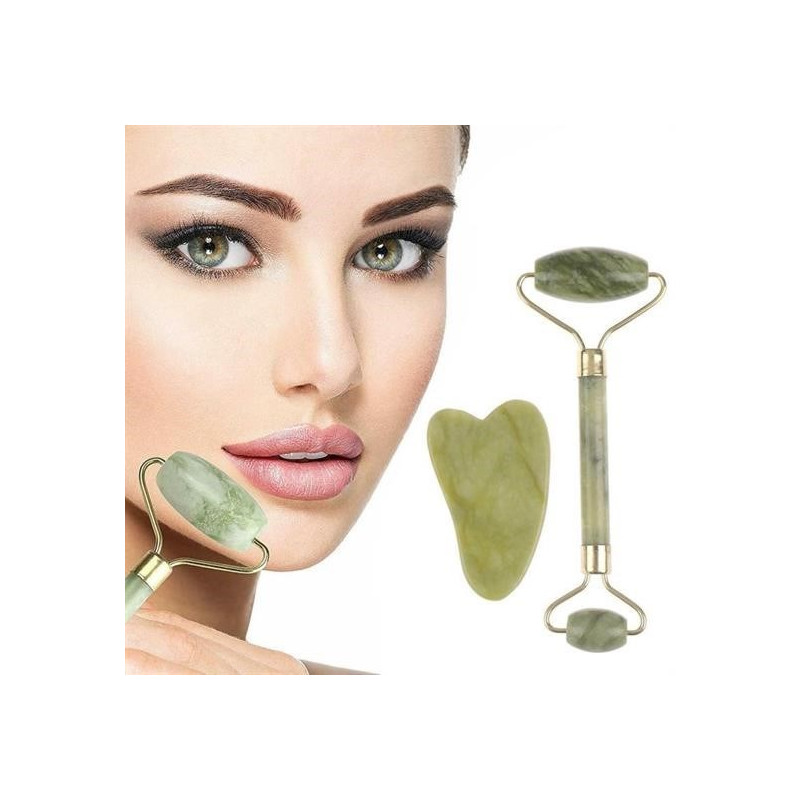 BUFFER® Çift Taraflı 2li Cilt Yüz Masaj Aleti Jade Roller Yeşim Taşı Seti