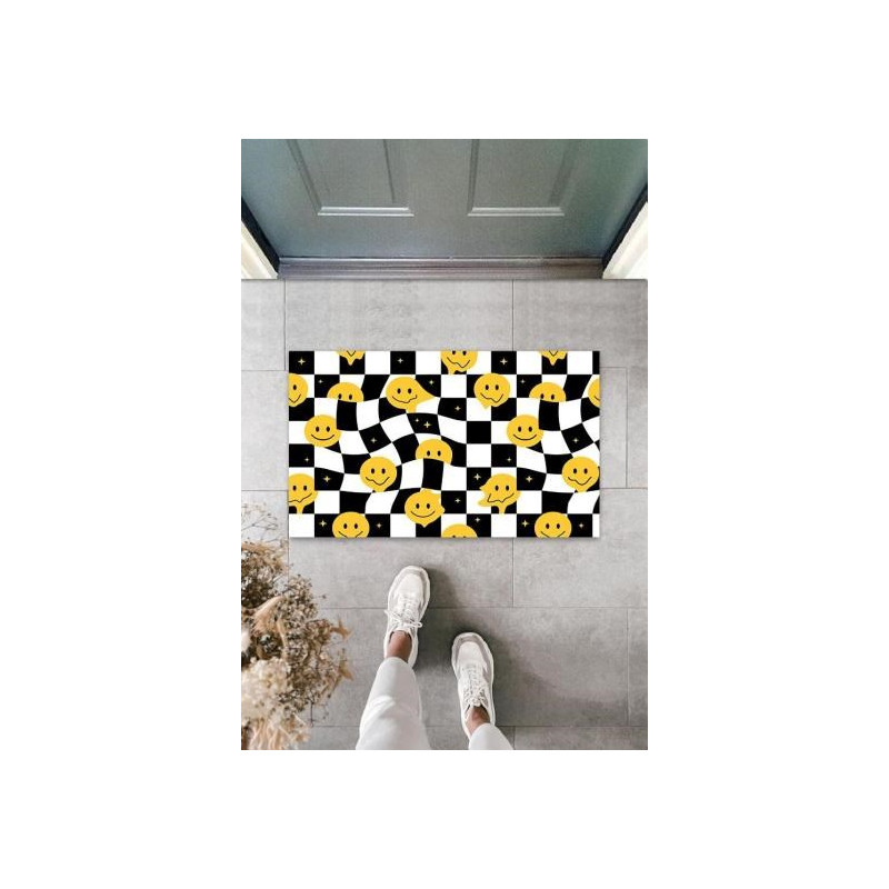 Dekoratif Dijital Gülen Emojiler Sarı-Siyah Kapı Paspası Dış Mekan Paspas K-3128